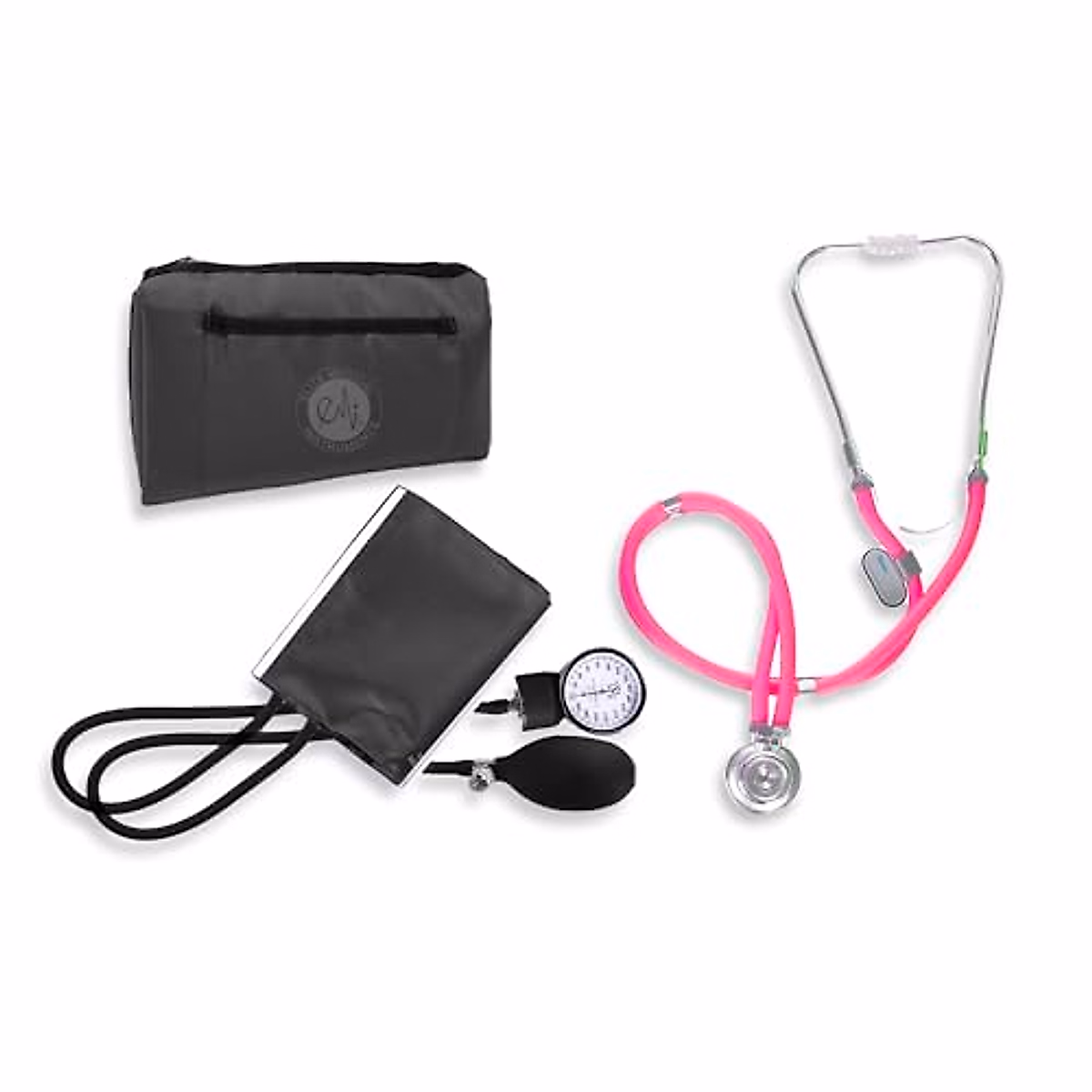 Elite Medical Instruments EBE-340-Pink Sprague Rappaport Stethoscope with Black Aneroid Sphygmomanometer Blood Pressure Cuff Set