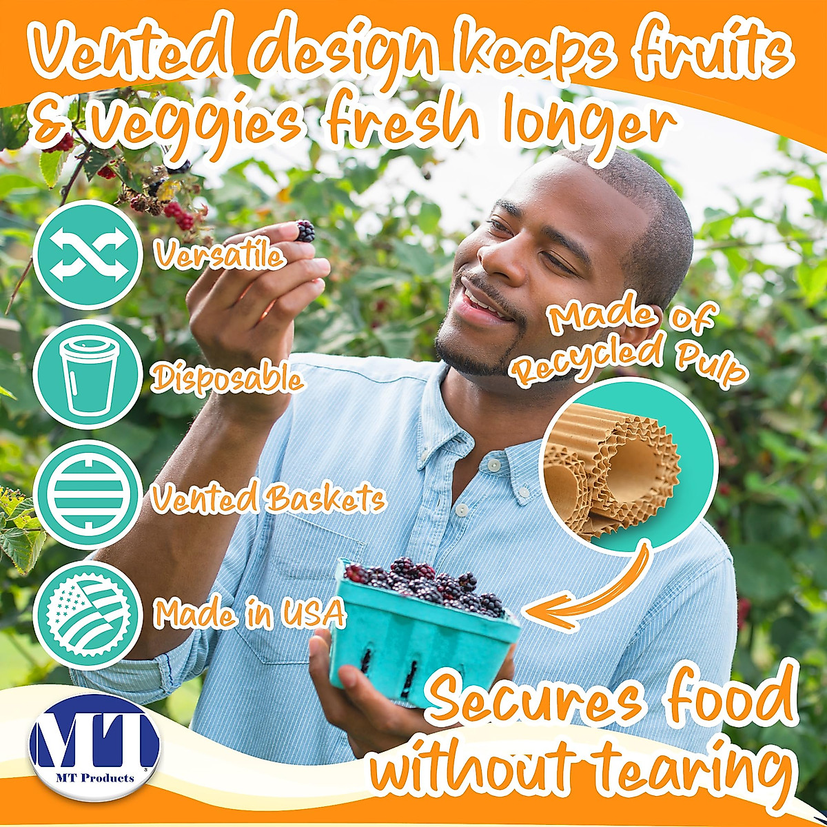 MT Products Green Berry Basket 1 Pint - Molded Pulp Fiber Vented Produce Basket (Pack of 15) - Made in the USA