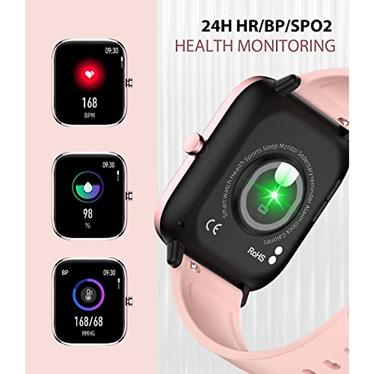 SOUYIE 2023 Smart Watch with Bluetooth Call for Women, IP67 Waterproof Fitness Tracker with 1.7" HD Display Blood Pressure HR Temperature Sleep Monitor for Android and iOS Phone Pink