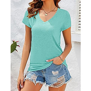 Sherosa Ladies Tops Short Sleeve V Neck Tee Shirts Cotton Plain T Shirts Basic Tees for Women Light Green S