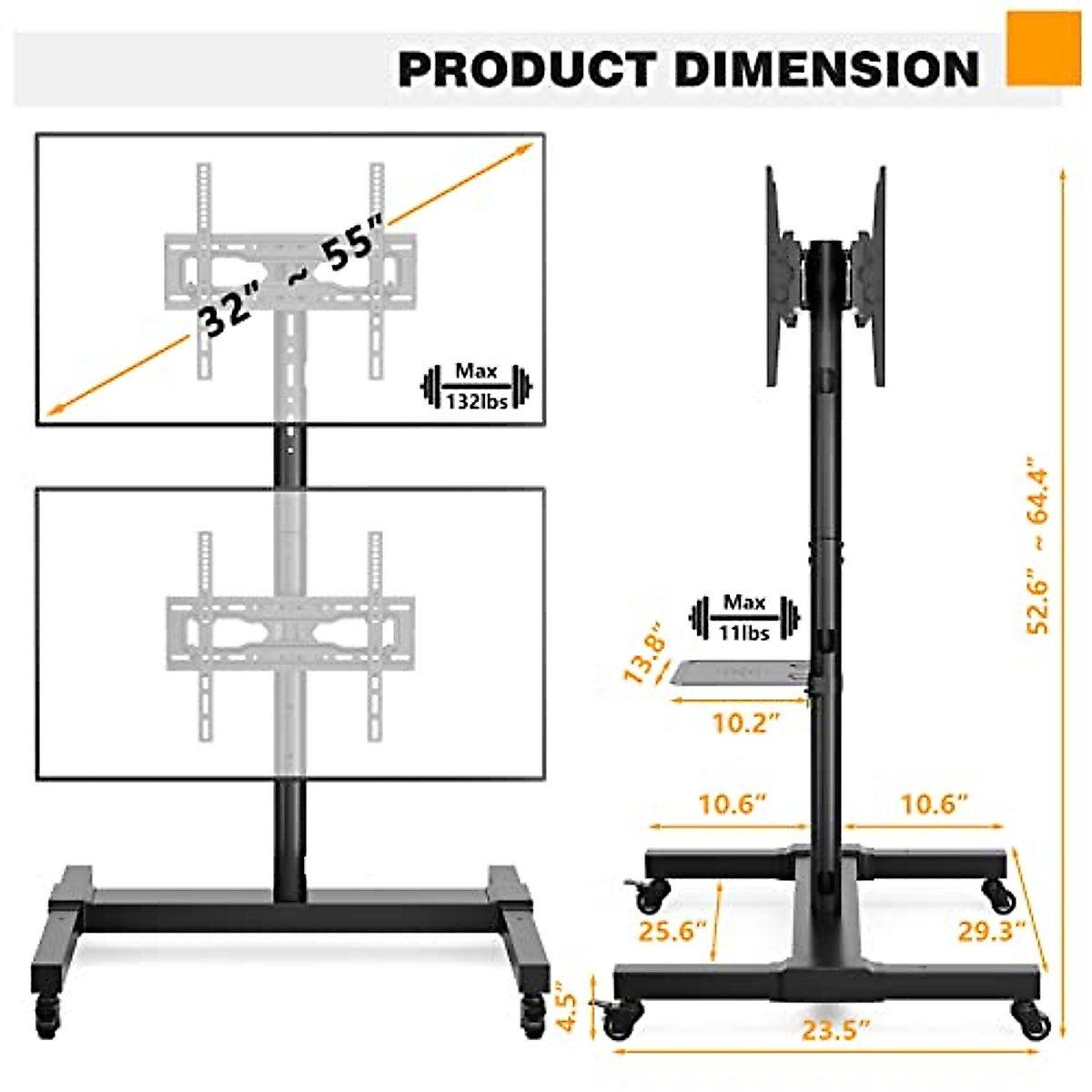 5Rcom Rolling / Mobile TV Cart with Wheels for 32 to 55 Inch LCD LED 4K Flat Curved Screen Vertical TVs-Height Adjustable Screen Tilt Rolling TV Stand for 2 TVs with Laptop Shelf Holds Up to 132 lbs