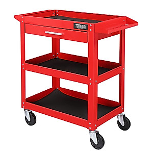 TUFFIOM 3 Tier Rolling Tool Cart, 330 LBS Capacity Industrial Service Cart, Heavy Duty Steel Utility Cart, Tool Organizer with Drawer, Perfect for Garage, Warehouse & Repair Shop (Red)