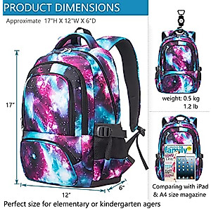 BLUEFAIRY Galaxy Backpack for Girls Elementary School Bag For Kids Child Primary Book Bags Sky Space Print Durable Gifts Presents Travel Mochila Para Niñas 17Inch (Purple)
