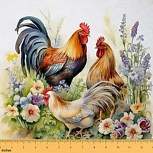 Erosebridal Rustic Farmouse Chicken Fabric by The Yard,Rainbow Rooster Decorative Fabric,Colourful Floral Upholstery Fabric,Farm Animals Outdoor Fabric,Oil Painting Style Fabric for Home,1 Yard