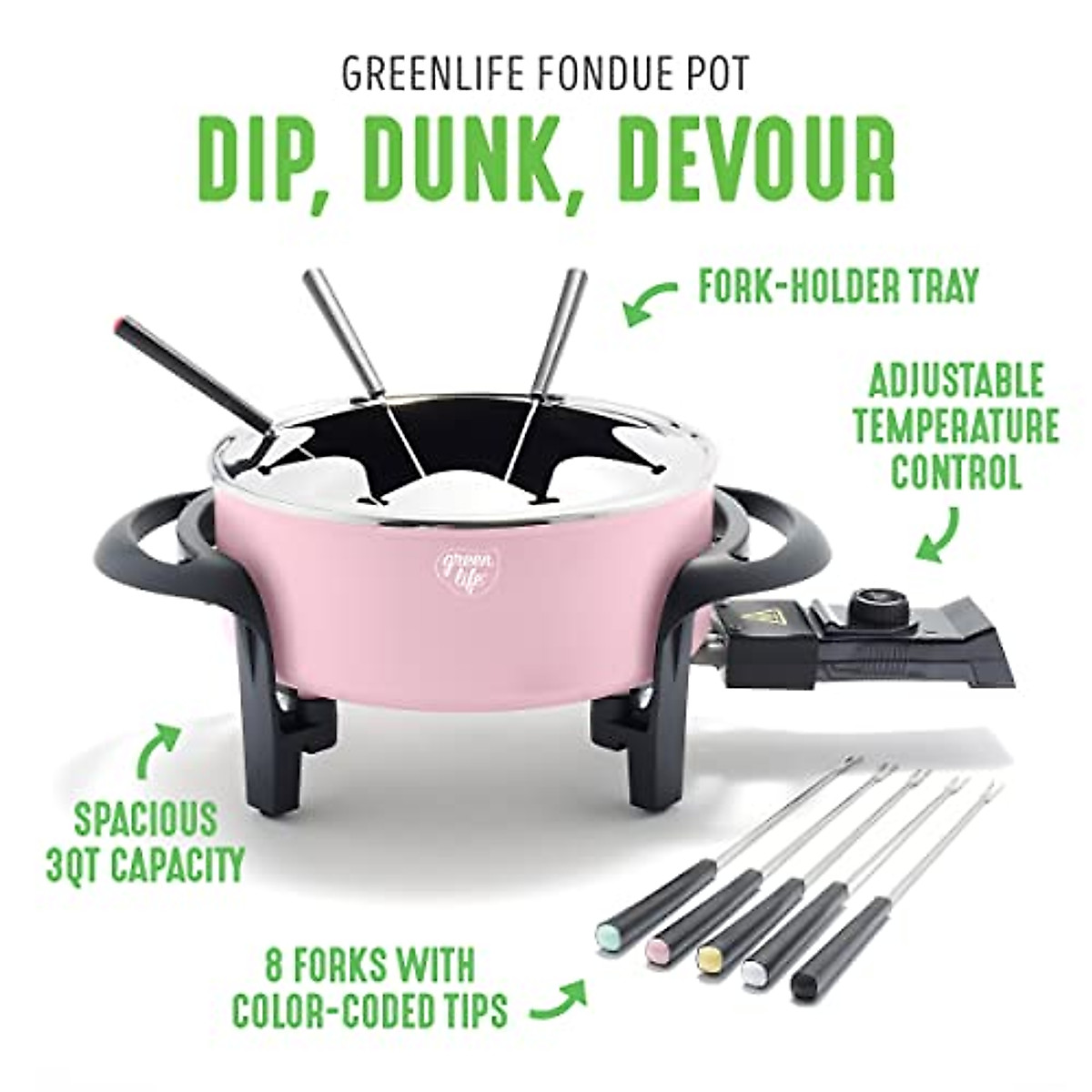 GreenLife 14 Cup Electric Fondue Maker Pot Set For Cheese, Chocolate, and Meat, 8 Color Coded Forks, Healthy Ceramic Nonstick, Adjustable Temperature Control, PFAS-Free, Pink