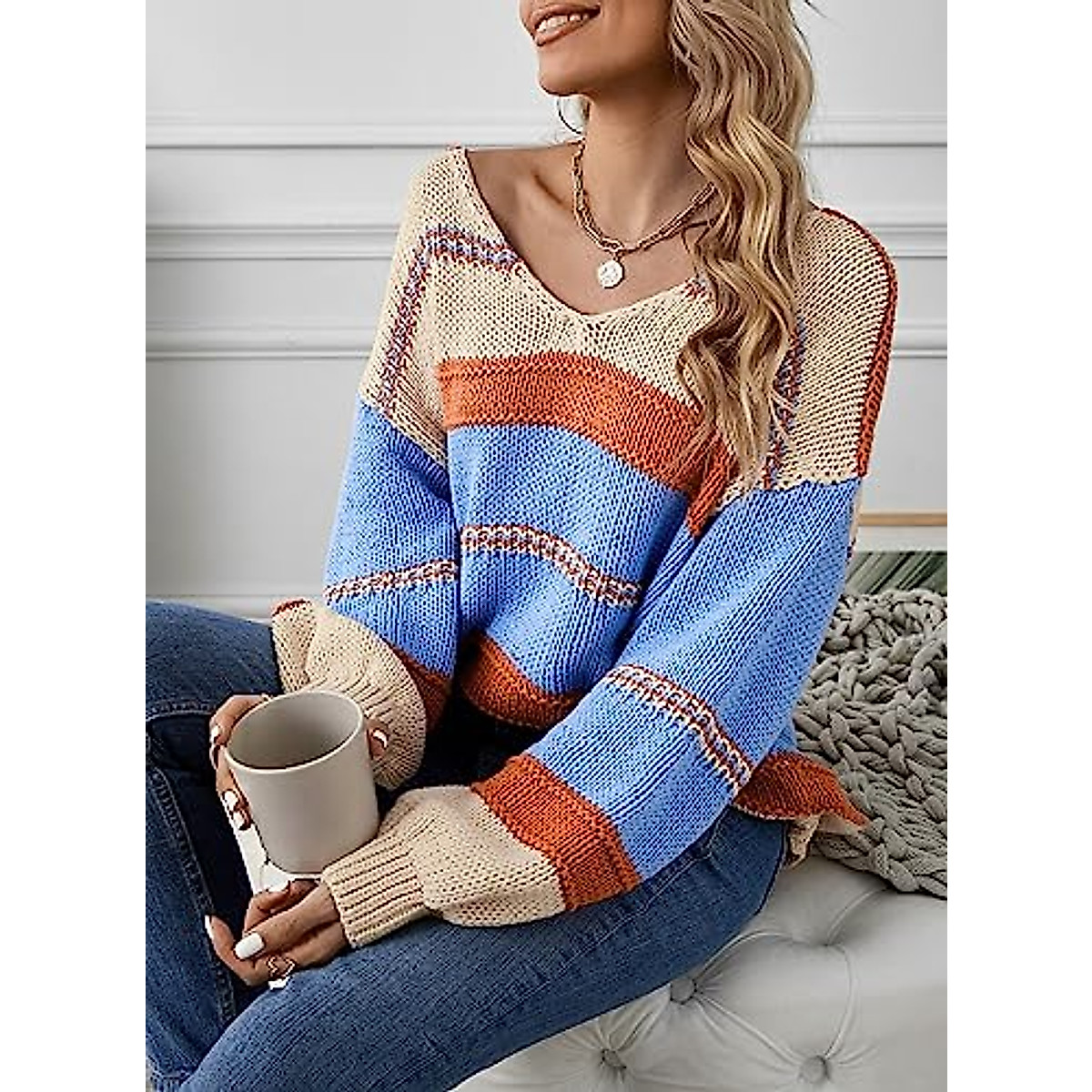 EVALESS Womens Long Sleeve V Neck Knit Striped Fall Winter Sweaters Pullover 2023 Oversized Chunky Color Block Casual Loose Cropped Tops,Orange M