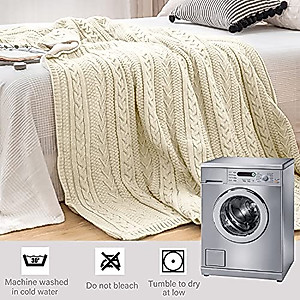 Beige Knit Sherpa Blanket Cotton Throw Blanket with Sherpa Lining Double Sided Reversible Winter Blanket Super Soft, Warm, Elegant, Plush, Cozy for Couch, Sofa, Bed Home Decor 50 x 63 inch