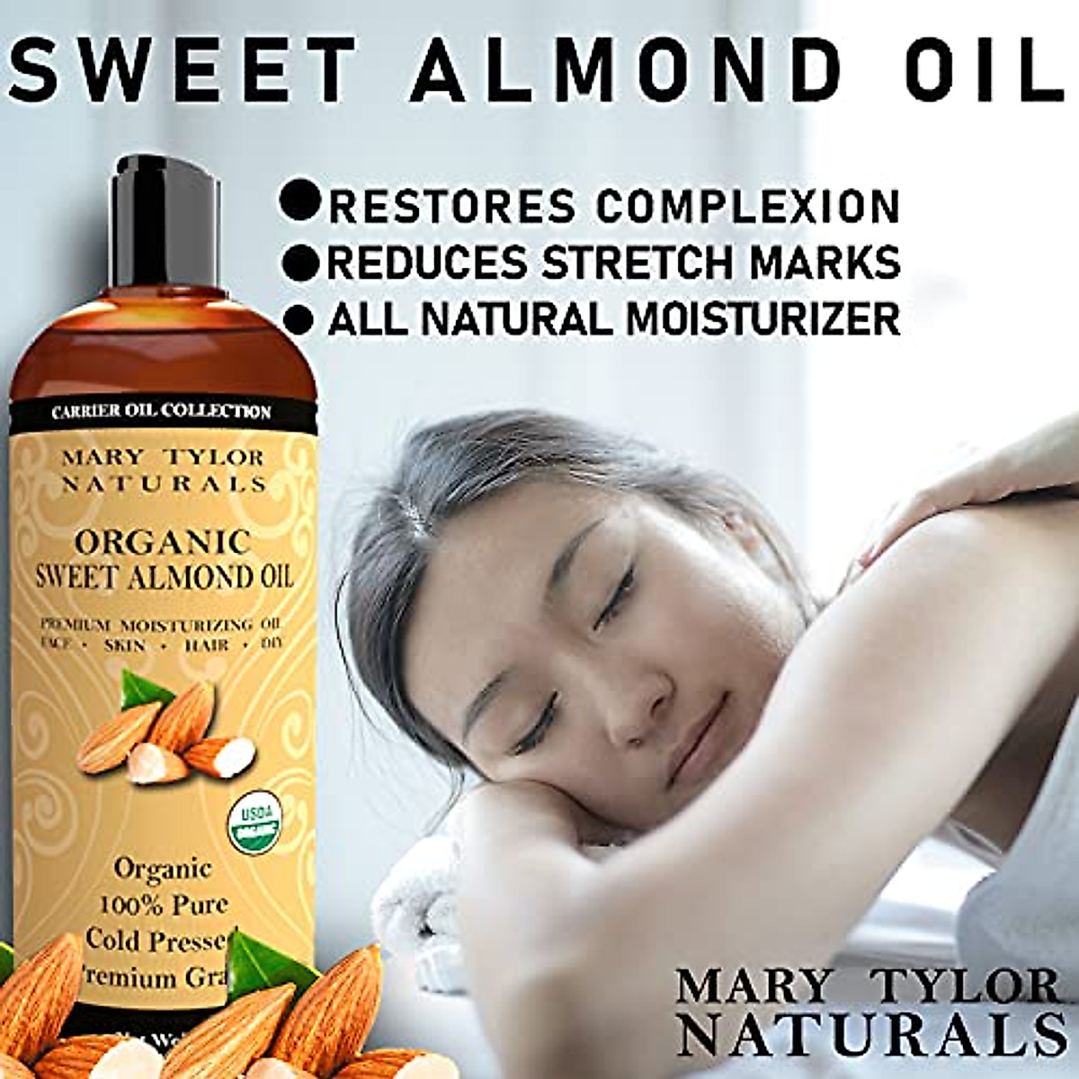 Mary Tylor Naturals Cold Pressed, Premium Grade, 100% Pure USDA Organic Sweet Almond Oil Large, 16 oz