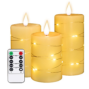 Flameless Battery Operated Flickering Valentine's Romantic Candle,with Embedded String Lights 3 Pack LED Electric Candle with 10-Key Remote Control, Dancing Flame, Real Wax(Batteries not Included)