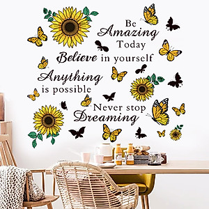 Inspirational Quote Wall Decals Sunflower Wall Stickers Removable Positive Saying Wall Lettering Stickers Peel and Stick for Classroom Home Bedroom Family Office Wall Art Decor