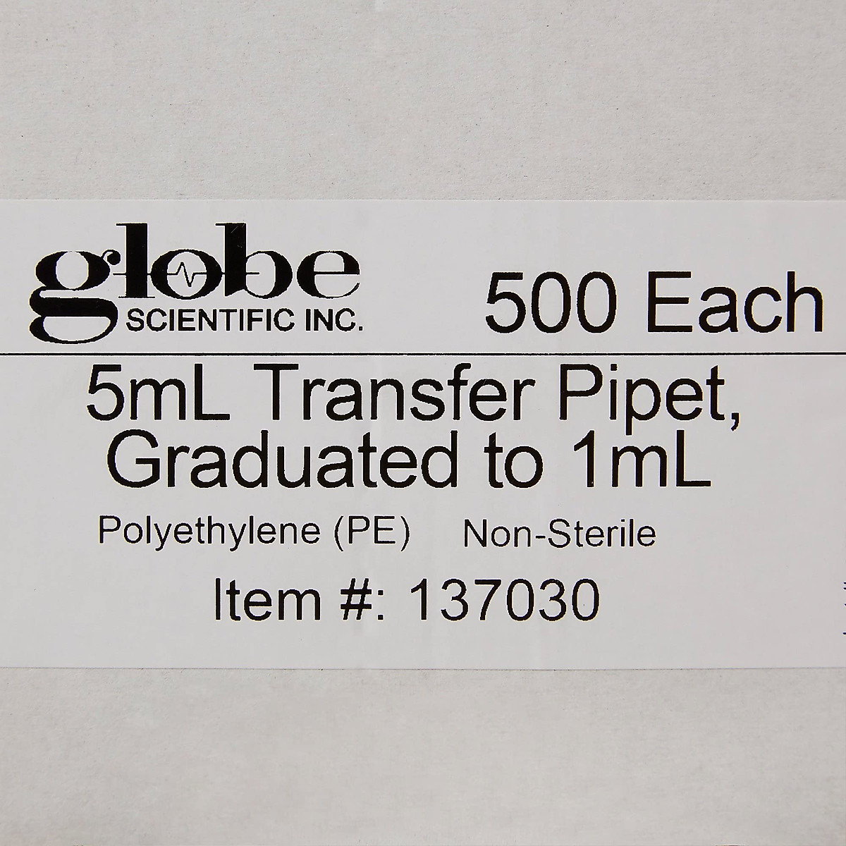 Globe Scientific Transfer Pipettes w/Large Bulb 5 mL, Non-Sterile, Graduated to the 1 mL Mark, LD Polyethylene, 145mm, 137030, 5000 count (10 Packs of 500)