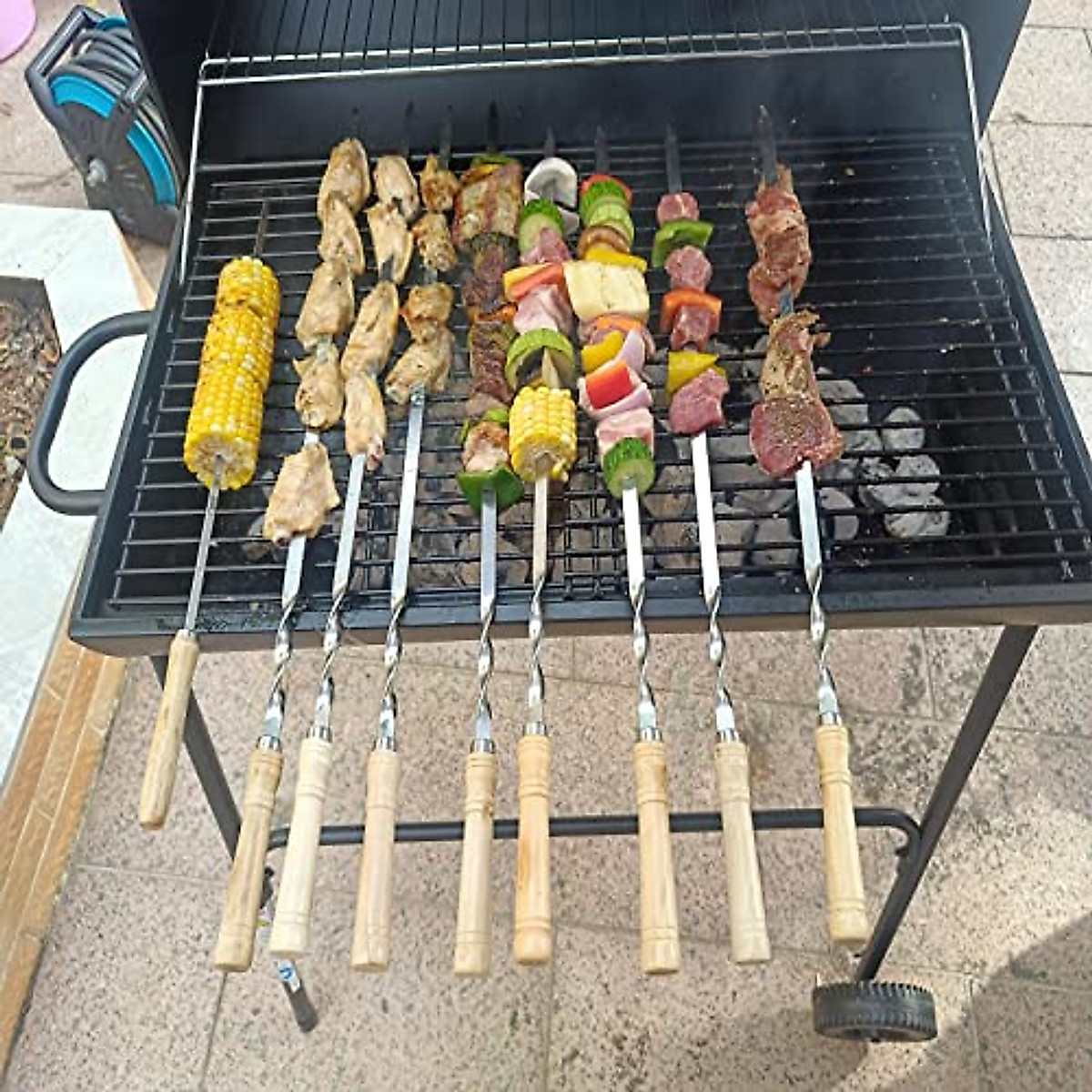 Large Size Kabob Skewers 22 inch Flat Metal BBQ Barbecue Skewer Wooden Handle Stainless Steel Shish Kabob Stick Wide Reusable Grilling Set Meat Shrimp Chicken Vegetable Kebab Fork Sausage-12PCS