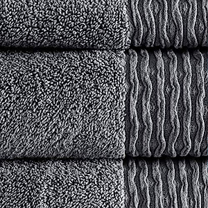 Madison Park Breeze 6 Piece Jacquard Wavy Border Zero Twist Cotton Towel Set, Charcoal