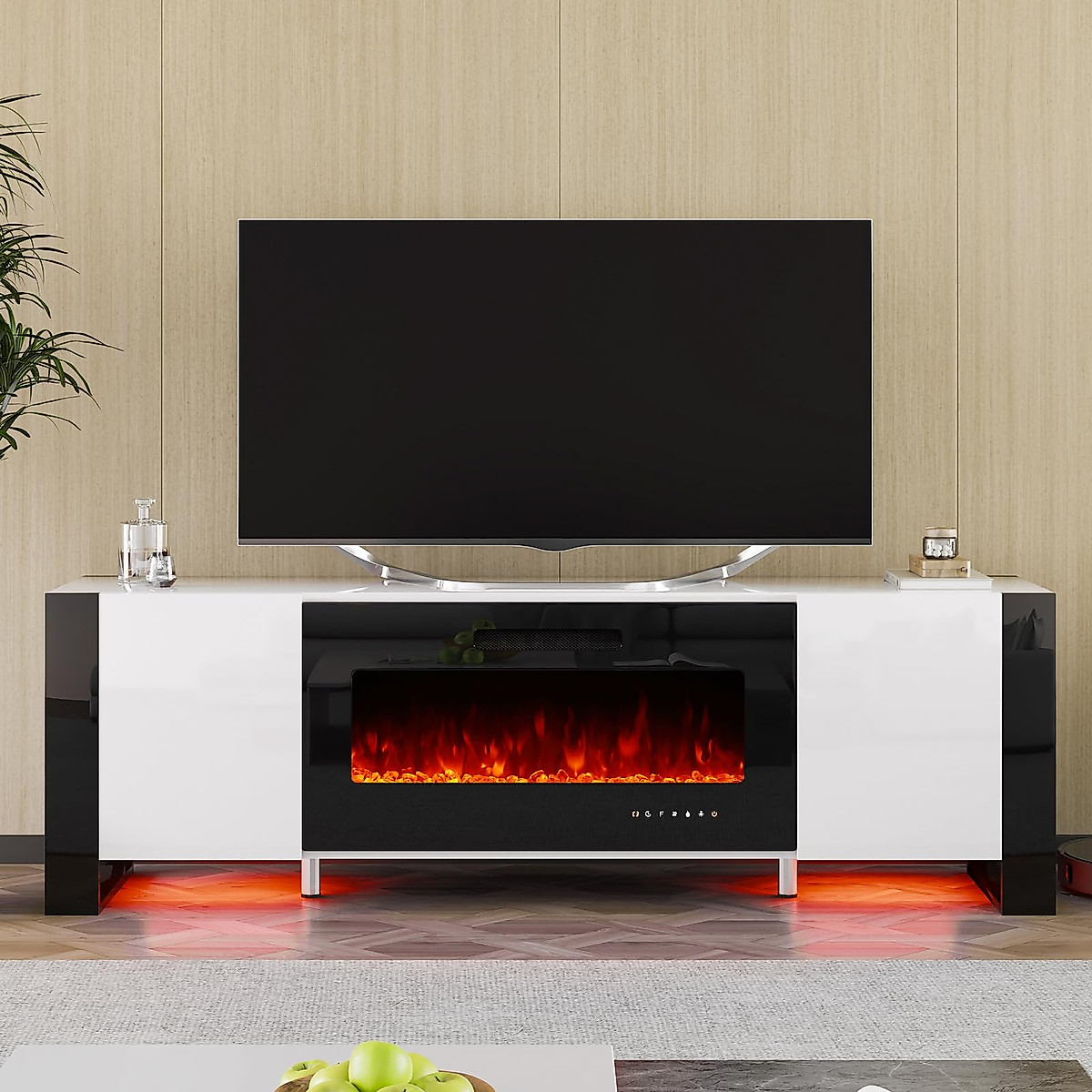 AMERLIFE Fireplace TV Stand with 36" Fireplace, 70" Modern High Gloss Entertainment Center LED Lights, U-Shaped Legs TV Console Cabinet for TVs Up to 80", White