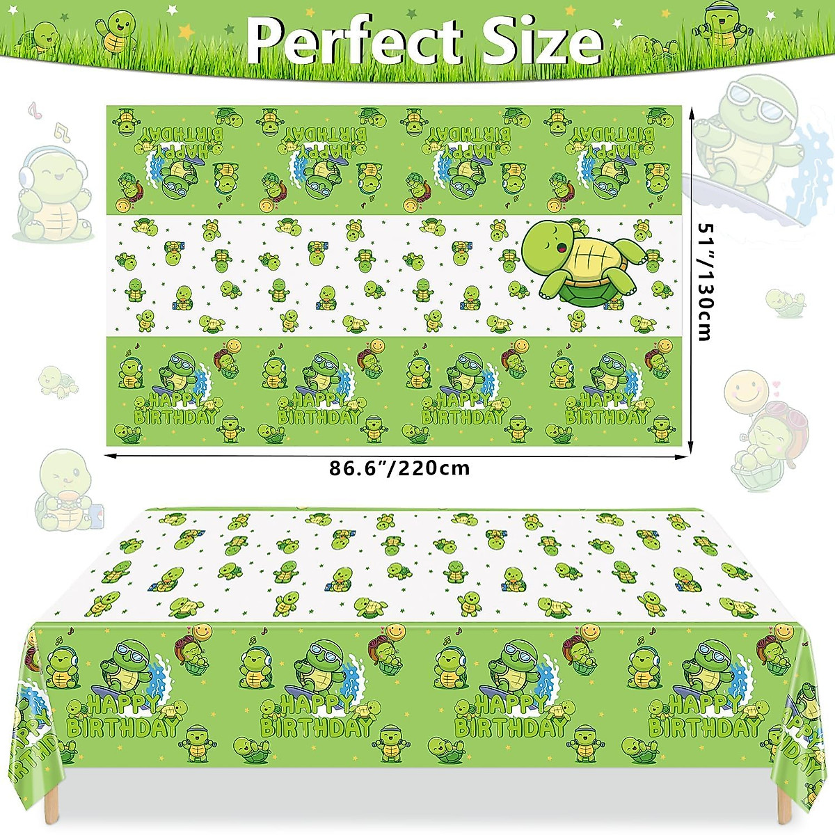 PTECDROTS 4Pcs Turtle Tablecloth, Cute Turtle Party Table Covers, Rectangular Table Decoration for Under The Sea Party Decorations Turtle Birthday Party Decorations Supplies，51 x 86.6 Inch
