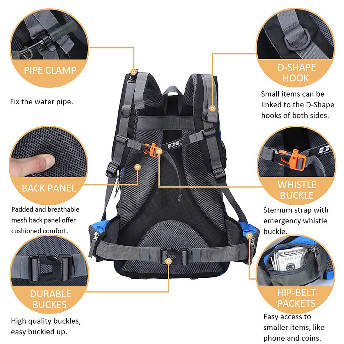 Diamond Candy Waterproof Hiking Backpack for Men and Women, Lightweight Day Pack for Travel Camping, Darkblue, 40L