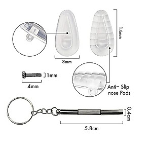 AONUOWE 15mm Soft Silicone Air Chamber Eyeglass Nose Pads, Repair Kit, Glasses Screws and Micro Screwdriver Cleaning Cloth, 5 Pairs of Screw-in Bag Pad Set + 1*Cleaning cloth