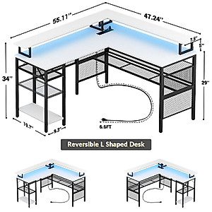 Unikito Reversible L Shaped Desk, Cool 55 Inch Corner Computer Desk with Smart Strip Light and Magic Power Outlet, Elegant Grid Design, Sturdy Office Table with Monitor Stand and Storage Shelf, White