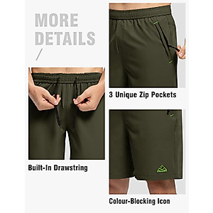 TBMPOY Men's Hiking Running 7" Shorts with Pockets Athletic Outdoor Sports Gym Running Short Zipper Pockets Army Green/Green L