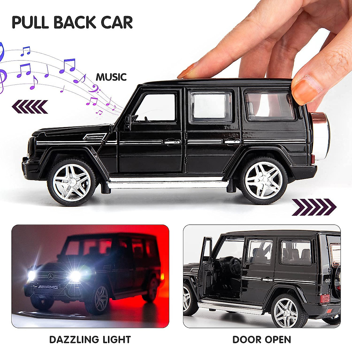 BDTCTK Compatible for 1:32 G65 Model Pull Back Car with Sound and Light for Kids Boy Girl, Metal Body, Door Opened, Black