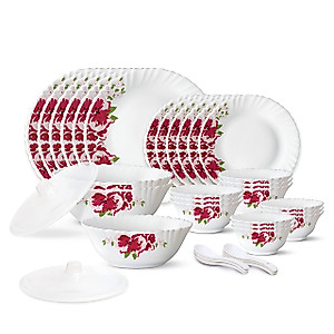 Borosil Gourmet Dinnerware Set For 6, 35 Pieces, White Dinner Plates and Bowls , Chip Resistant Tempered Opal Glass, Stain Resistant, Dishwasher & Microwave Safe Dinner Set For Gifting, Serves 6