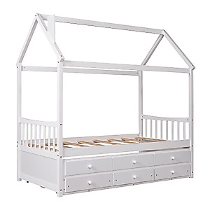 Bellemave Twin House Bed with Trundle and 3 Storage Drawers, Twin Captain's Beds Wooden Storage Daybed Frame for Kids Teens Boys Girls (Twin Size, White)