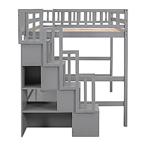Bellemave Full Size Loft Bed with Desk and Storage Shelves,Wood Loft Bed Frame with Storage Staircase,High Loft Bed Full for Kids,Teens, Adults,Grey