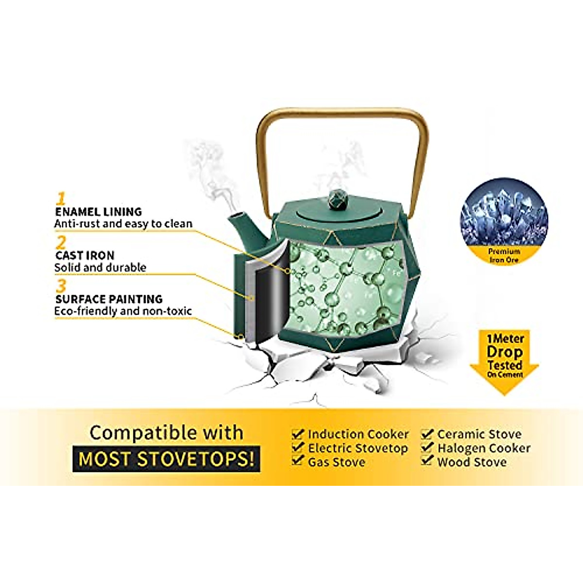 Toptier Cast Iron Teapot, Stovetop Safe Japanese Cast Iron Tea Kettle, Diamond Design Tea Pot with Removable Infuser for Loose Tea, 30 Ounce (900 ml), Dark Green