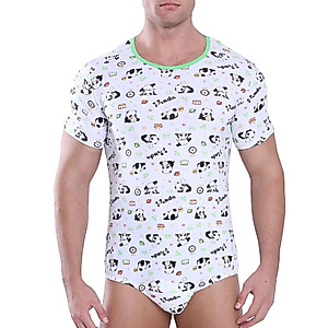 Landofgenie Men Short Sleeve Bodysuit Pajama Panda Print Bodysuit One Piece Pajamas Rompers Basic Onesie 3XL