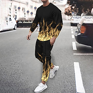 men's tracksuit 11 pieces long sleeve sets Men's Athletic 2 Pieces Tracksuit Casual 3D Flame Print Pullover Crewneck Sweatshirts Loose Sports Sweatpant Set Yellow L