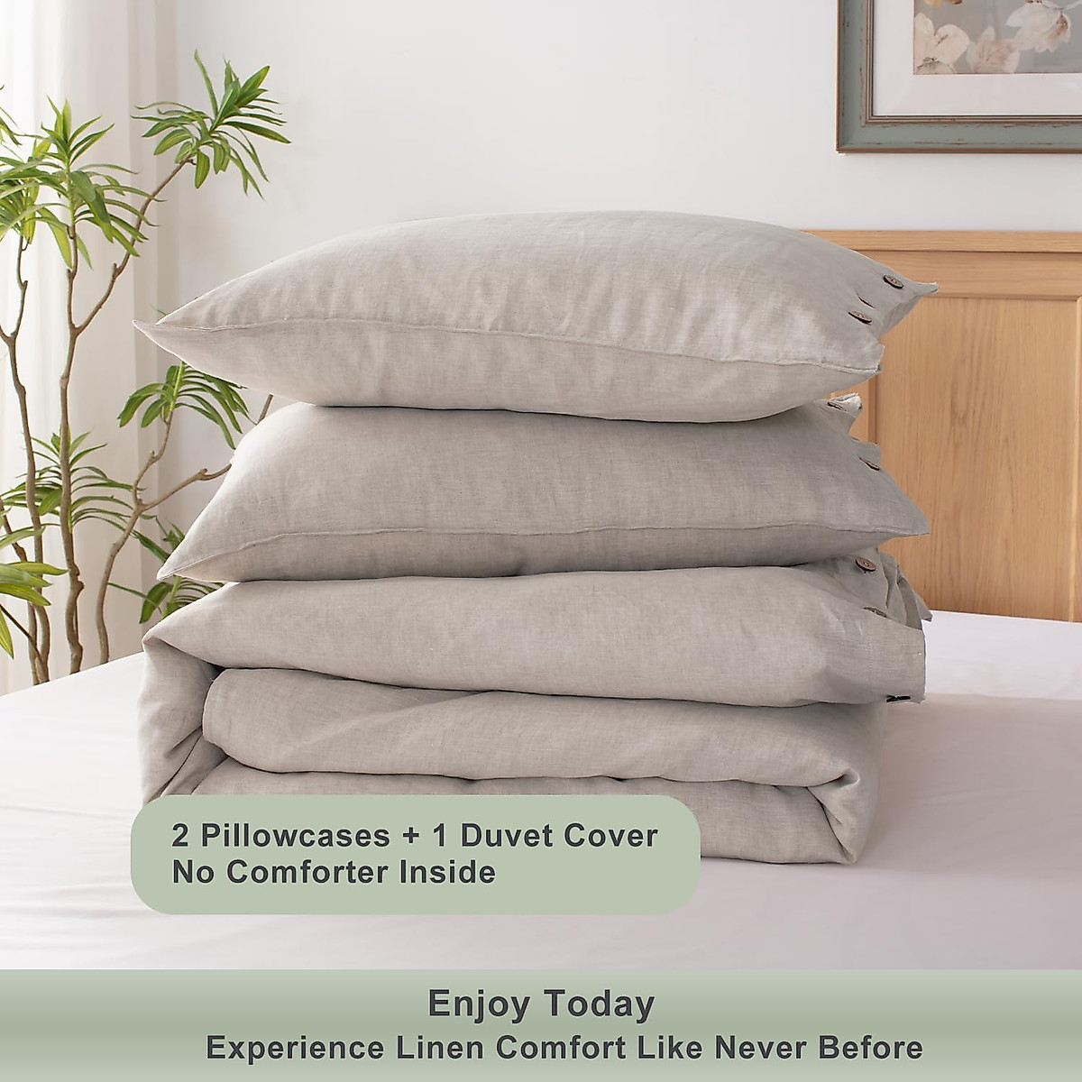 TOSMO 100% Linen Duvet Cover Set with Button Closure, 3 Pieces (1 Duvet Cover with 2 Pillowcases), Soft Breathable Durable Farmhouse Bedding - Queen, Natural Linen