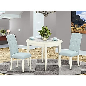 East West Furniture BOCE3-WHI-15 3 Piece Dining Table Set for Small Spaces Contains a Round Kitchen Table and 2 Baby Blue Linen Fabric Parson Dining Room Chairs, 42x42 Inch, Linen White