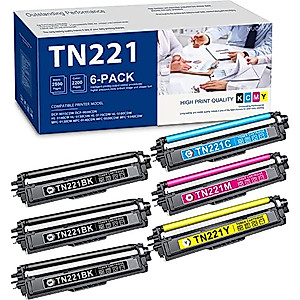 NUCALA Compatible TN221 TN-221 TN221BK TN221C TN221M TN221Y Toner Cartridge Replacement for Brother DCP-9020CDN MFC-9130CW MFC-9140CDN HL-3170CDW HL-3180CDW Printer Ink Cartridge (6-Pack, 3KCMY)