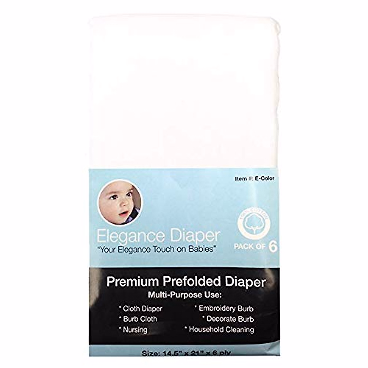 Elegance Diaper, Prefold Cloth Diaper Regular 4x6x4 6 Pack 100% Cotton (White)