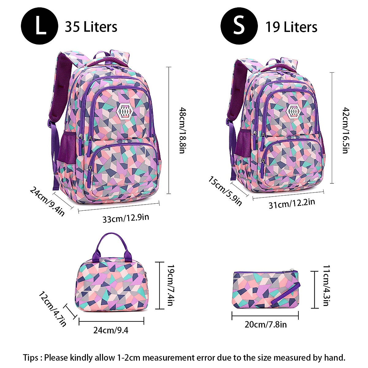 Kids' Backpacks Geometric Printed Children School Bag for Middle-Elementary School Book Bags for Girls-Boys Waterproof 3 in 1 Backpack Sets(Purple 35L)