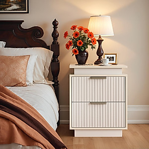 Furmax Nightstand with LED Light, Set of 2 Night Stand with Drawers, White Bedside Table, Modern End Side Table for Bedroom