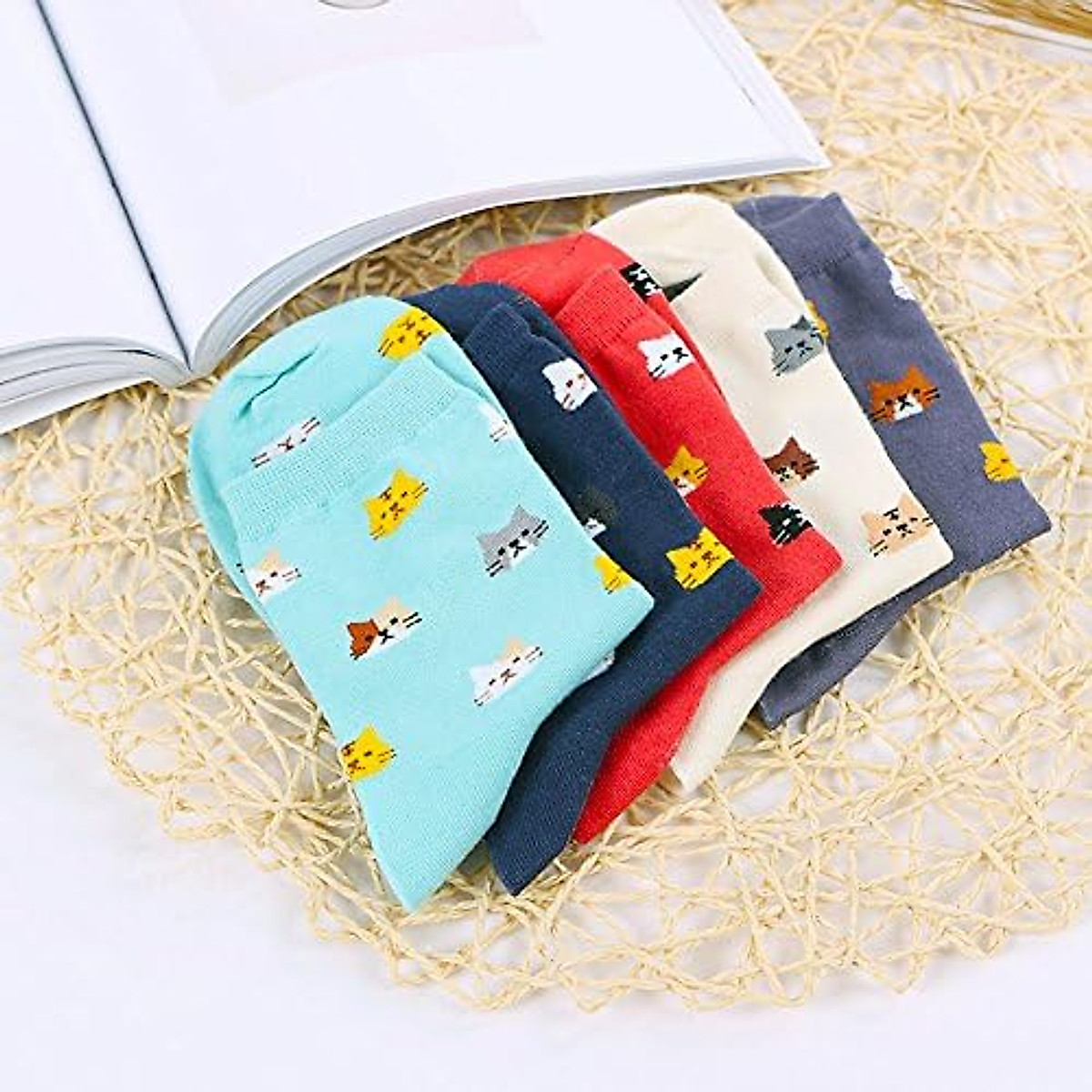 Chalier Womens Funny socks Cozy Cute Printed Patterned Fun Socks Novelty Cat Socks for Women Gifts, Cute Cat Multicolor 01(5 Pairs)