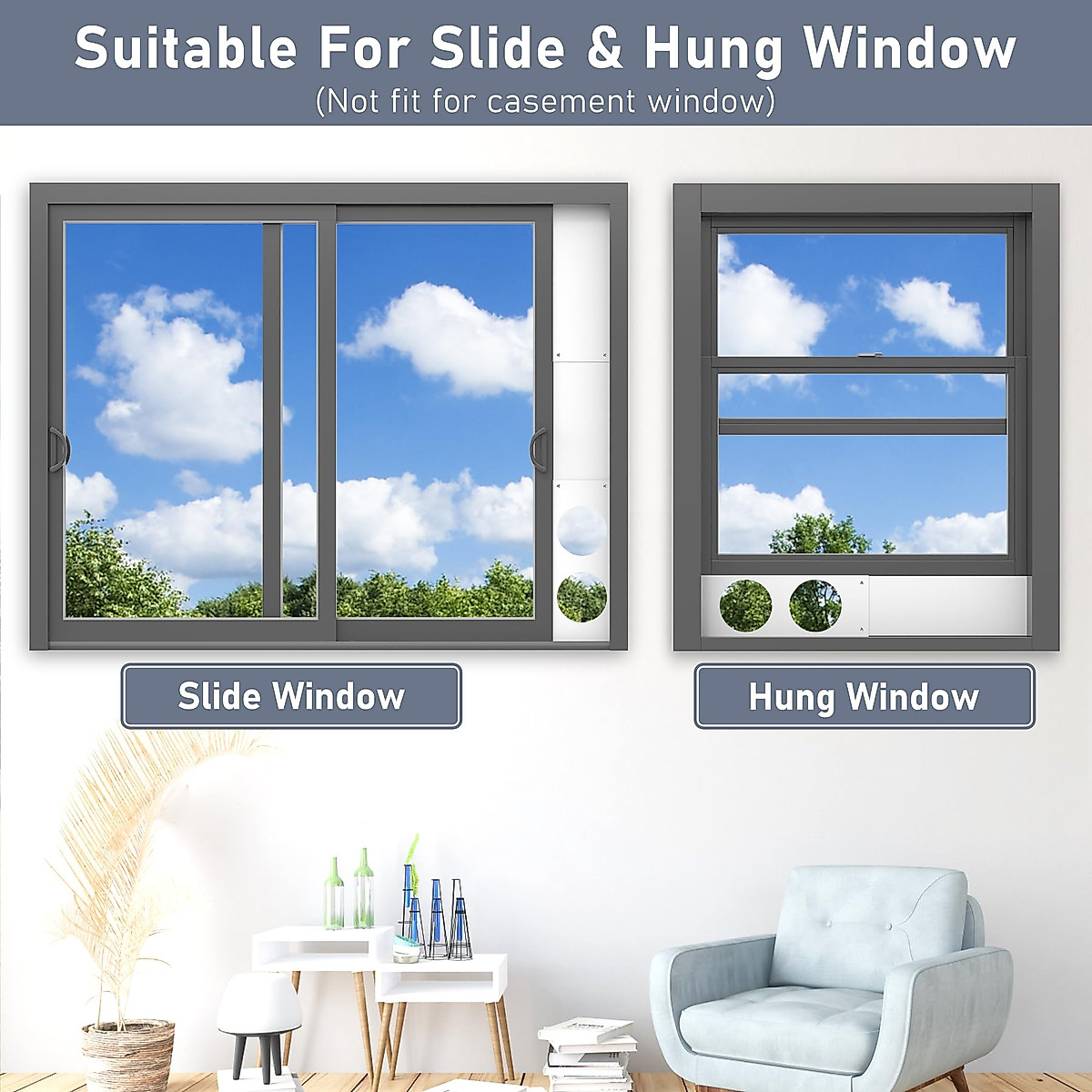 Flamorrow Dual Hose Portable Air Conditioner Window Kit, 5" Diameter Adjustable Window Seal Plates with Foam Seal Strip, Sliding AC Window Vent Kit for Exhaust Hose, White