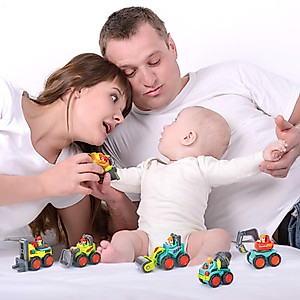 6 Pieces Construction Vehicles Toy Trucks Set - Bulldozer, Cement Mixer, Dumper, Forklift, Excavator and Road Roller for Your Little Contractor - Push and Go Sliding Toys for Toddlers 18m+