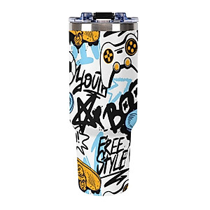 Niapessel Leak Proof Tumbler, Insulated Water Bottles with Straw, Skateboards And Graffiti Words Insulated Cup with Handle 40 Oz Stainless Steel Flask for School, Travel, Car, Sports, Work