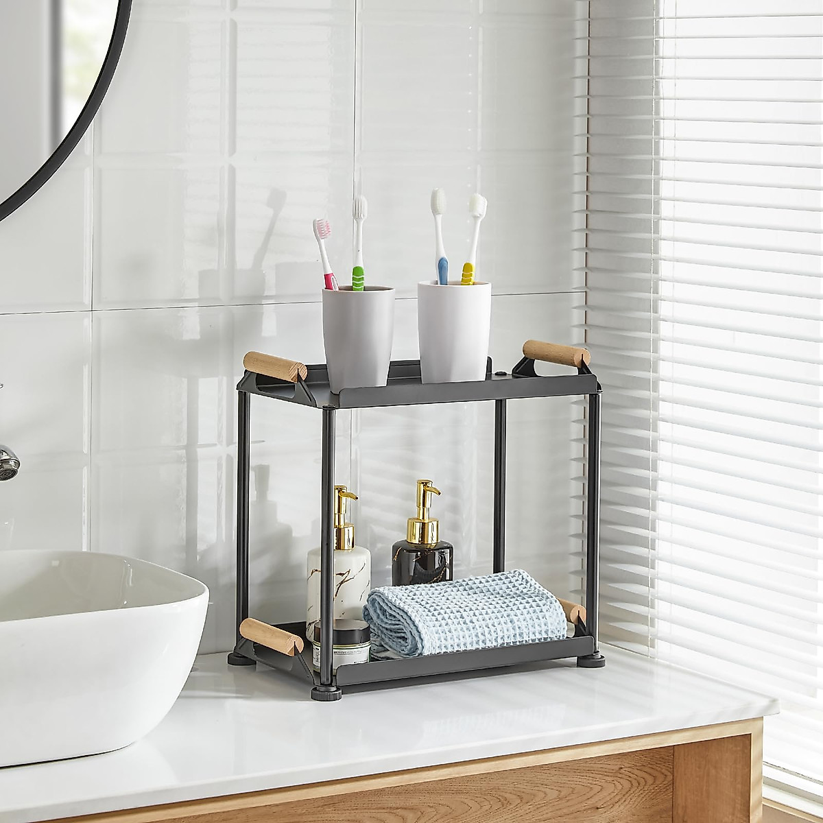 Aduanbang Bathroom Organizer Countertop, 2-Tier Bathroom countertop Organizer Storage Shelf Cosmetic Organizer Spice Rack for Bathroom, Kitchen, Living Room, Bedroom, Dressing Table, Black