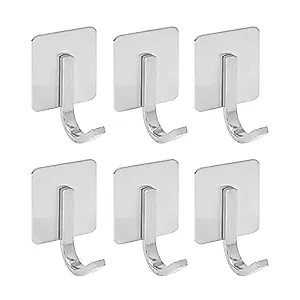 J Shape Adhesive Wall Hooks, Heavy Duty Stainless Steel for Hanging (2.4 in, 6 Pack)