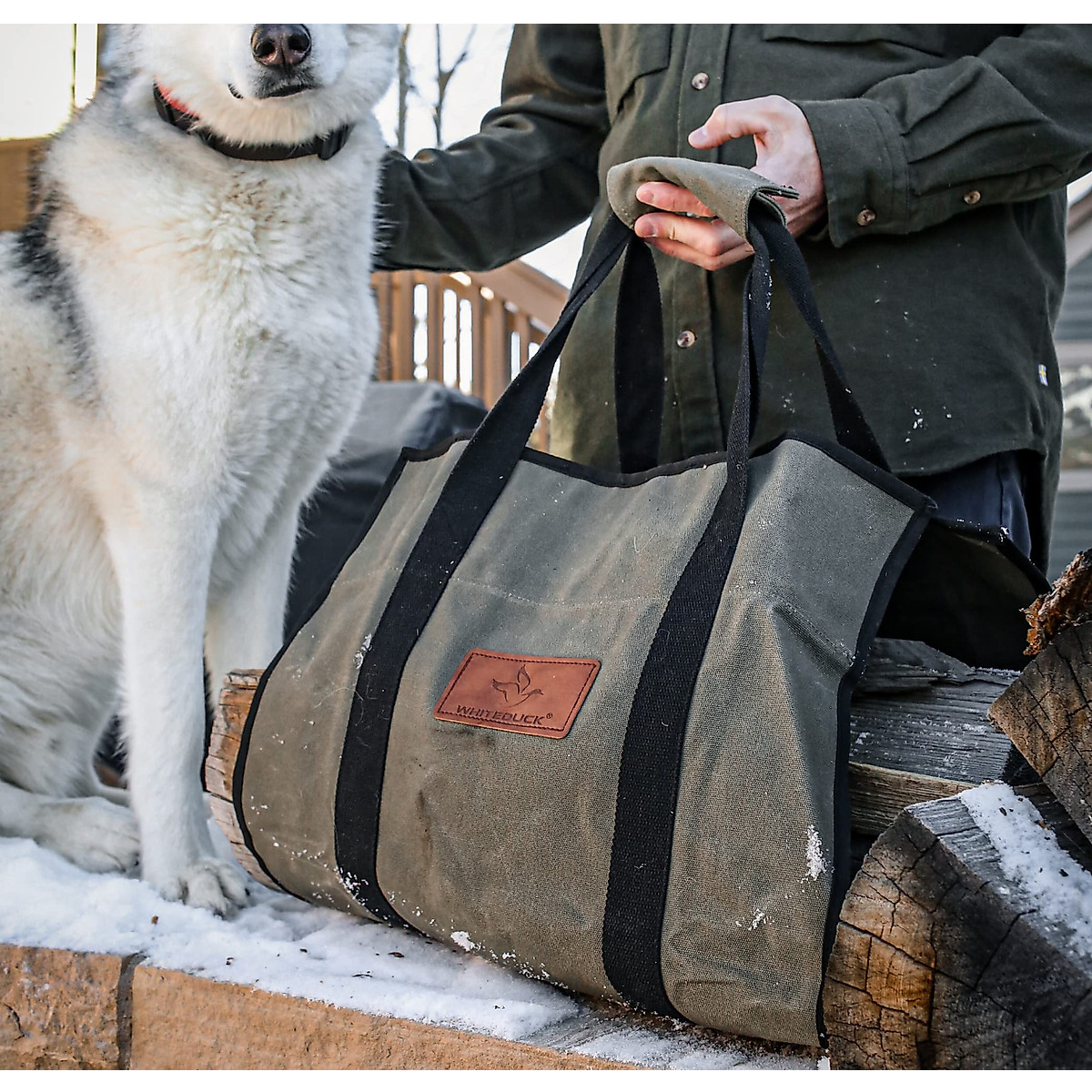 WHITEDUCK TUFF Large Firewood Carrier 21 Oz. Heavy Duty Waxed Canvas Log Carrier Holder for Fireplace, Carrying Wood Indoor & Outdoor (Olive, Rectangle (39"x18"))