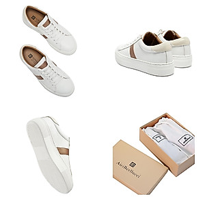 AiciBerllucci Women's Casual Sneakers,Leather Platform Sneakers for Women Fashion,Lace Up Walking Sneakers Comfortable,Street Platform Sneakers Low Top Authentic Shoes White 99AP48-WhiteBrown-7.5