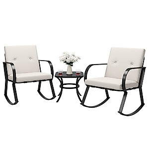 Flamaker Patio Chairs 3 Piece Outdoor Rocking Chairs Upgraded Metal Bistro Set with Thickened Cushions & Coffee Table Modern Patio Furniture for Porch, Balcony and Lawn (Beige)