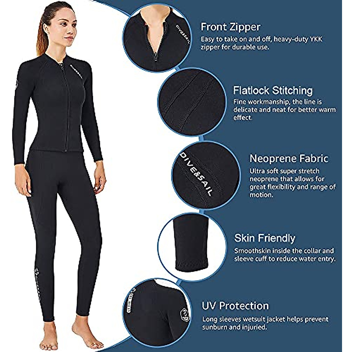 Wetsuit Top Women Men 2MM Neoprene Wetsuit Jacket Long Sleeve Diving Surfing Top, 3MM 1.5MM Wetsuits Shirt Vest Scuba Swimming Snorkeling Suit Swimsuit Warm for Water Sports (2mm Women, M)