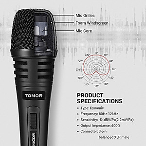 TONOR Dynamic Karaoke Microphone for Singing with 5M XLR Cable, Metal Handheld Mic Compatible with Karaoke Machine/Speaker/Amp/Mixer for Karaoke Singing, Speech, Wedding and Outdoor Activity