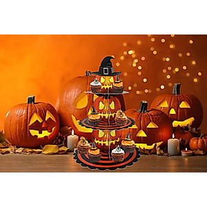 3-Tier Halloween Cupcake Stand for Dessert Table, Halloween Pumpkin Cupcake Tower Halloween Tray Orange Cardboard Cake Dessert Stand for 24 Cupcakes Halloween Party Carnival Decorations