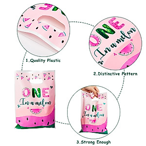 3sscha 50Pcs One in A Melon Party Favor Bag Watermelon Themed Waterproof Goodie Bag with Die Cut Handles Summer Glossy Plastic Candy Gift Bags for Kid First Birthday Baby Shower Decoration Supplies