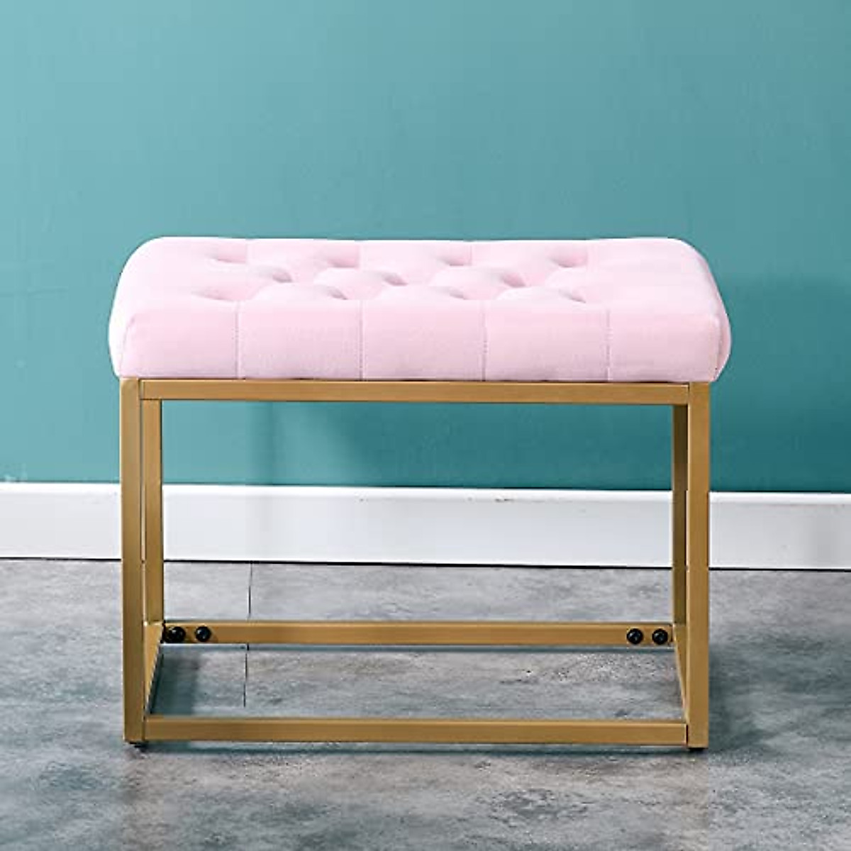 AWQM Vanity Stool,Pink Velvet Ottoman Bench,Vanity Bench with Gold Legs,Upholstered Rectangle Velvet Foot Stool Chair,Comfy Vanity Chair, End of Bed Bedroom,Makeup Chair for Living Room Entryway